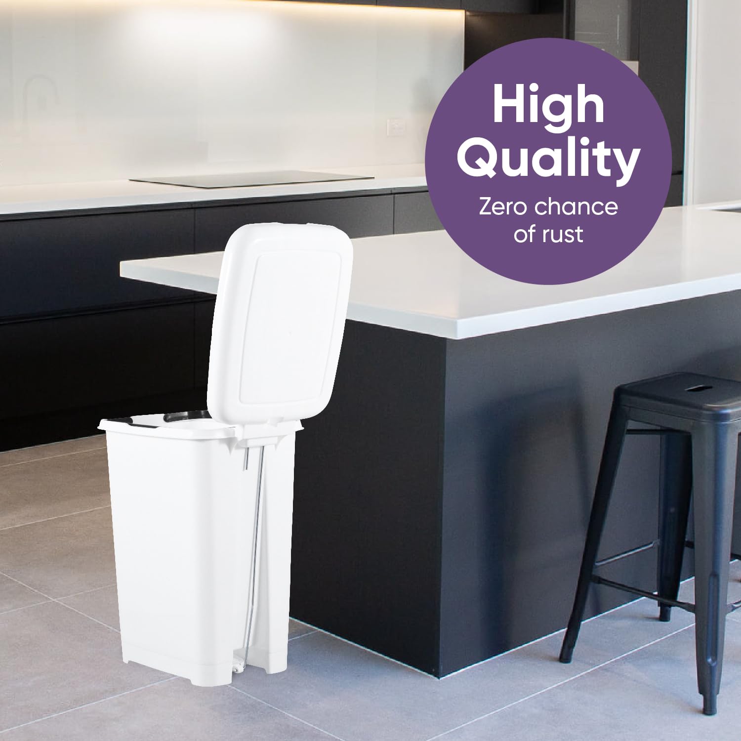 Superio 10.5 Gal Slim Step On Pedal Plastic Trash Can, Waste Bin for Under Desk, Office, Bedroom, Bathroom- 42 Qt White