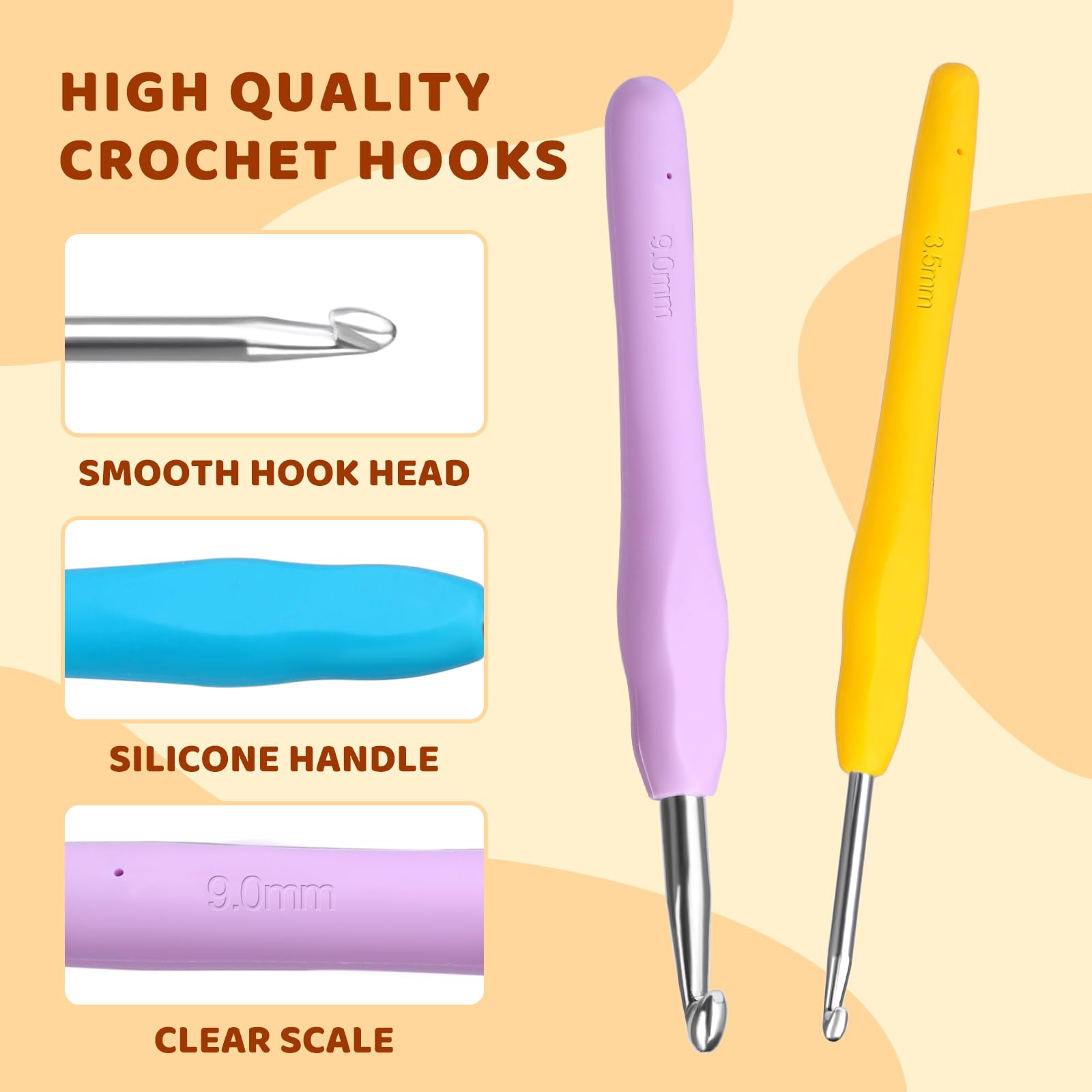 38 Pack Crochet Hooks Set, 13 Pcs 2mm(b)-10mm(n) Ergonomic Soft Grip Crochet Handles, Crochet Needle with Storage Case, Crochet Hooks for Arthritic Hands, Extra Long  Knitting Needles