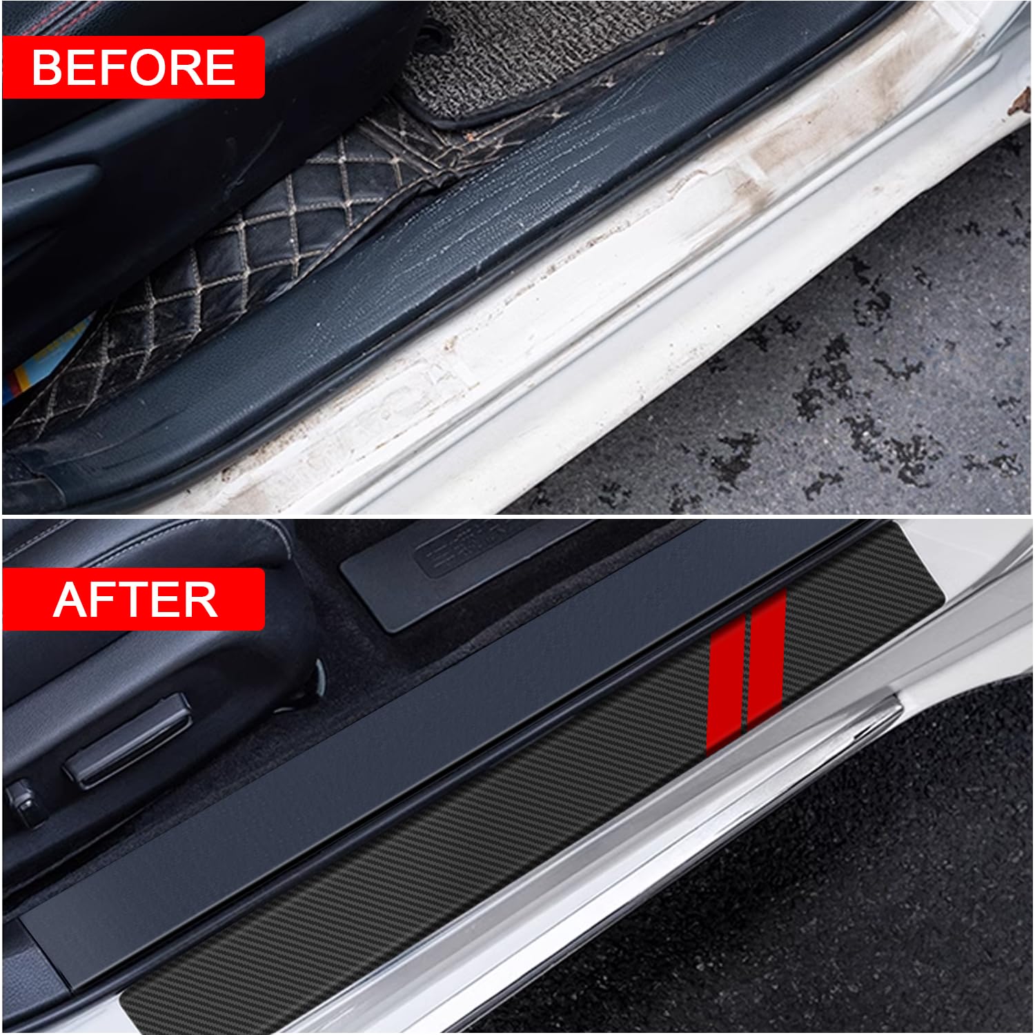 REMOCH Door Sill Protector for Dodge Charger Challenger Durango Accessories Car Door Entry Guard Sill Protector with Plastic Scraper Carbon Fiber Leather Threshold Stickers(Red, 4PCS)