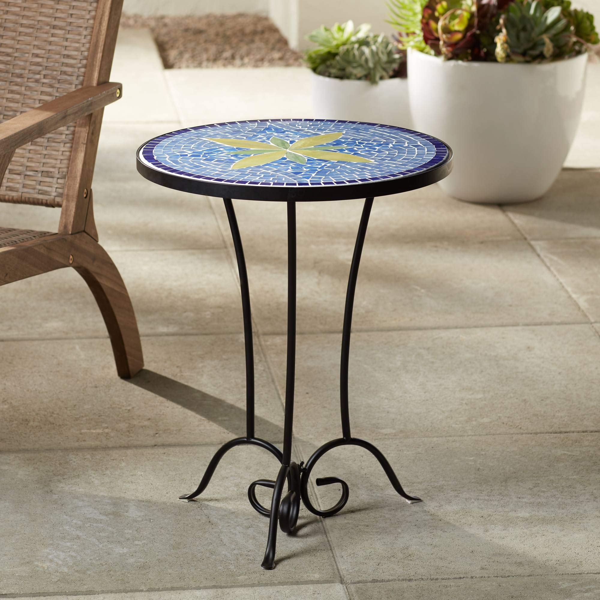 Teal Island Designs Flower Rustic Black Metal Round Outdoor Accent Side Table 17 1/2" Wide Blue Yellow Mosaic Tile Tabletop Gracefully Curved Legs for Spaces Porch Patio Home House Balcony Deck