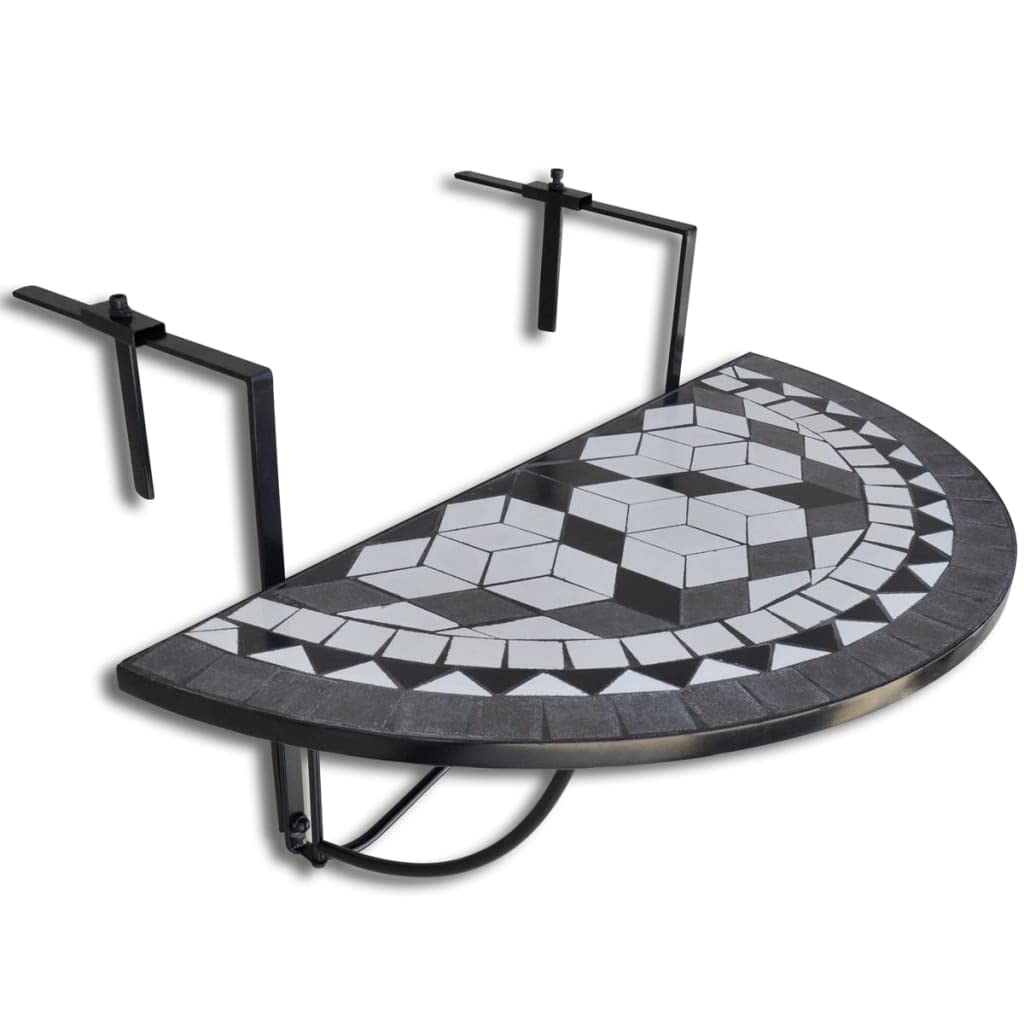 ZQQLVOO Hanging Balcony Table,Patio Table Decoration,Mosaic Table Outdoor,Mosaic Plant Stand,Garden Table,Tea Table,for Gardens,Decks,Porches and Backyards,Black and White Mosaic