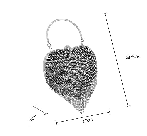 Sither Rhinestone Tassel Handbag Purses for Women Evening Handbag Purses Heart Shape Tassel Clutch Purses Sparkly Clutches Shoulder Chain Bags for Party Prom Christmas Gift (black)