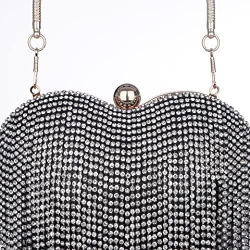 Sither Rhinestone Tassel Handbag Purses for Women Evening Handbag Purses Heart Shape Tassel Clutch Purses Sparkly Clutches Shoulder Chain Bags for Party Prom Christmas Gift (black)