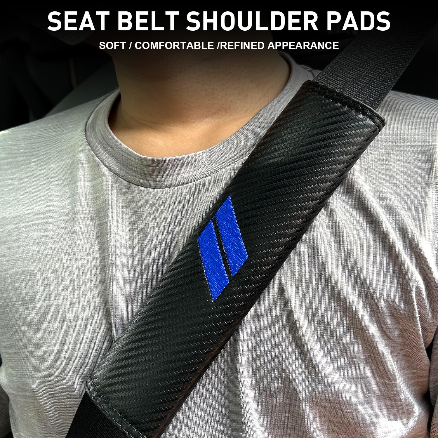 REMOCH for Challenger Seat Belt Covers for Charger Seat Belt Pads for Dodge Accessories Durango Journey Car Seatbelt Covers Leather Seatbelt Shoulder Strap Cushion (2 Pcs, Blue Stitches)