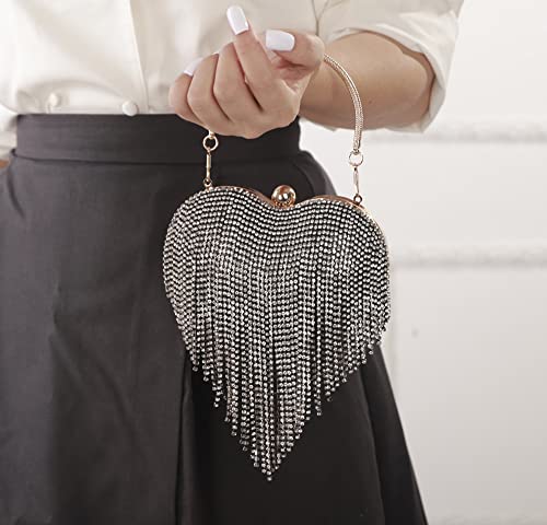 Sither Rhinestone Tassel Handbag Purses for Women Evening Handbag Purses Heart Shape Tassel Clutch Purses Sparkly Clutches Shoulder Chain Bags for Party Prom Christmas Gift (black)