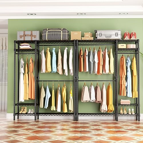 Heavy Duty Clothes Rack Clothing Rack for Hanging Clothes,Large Metal Garment Rack with 4 Tiers Adjustable Wire Shelves&3 Hanger Rods,Freestanding Closet Wardrobe System,MaxLoad 700lbs