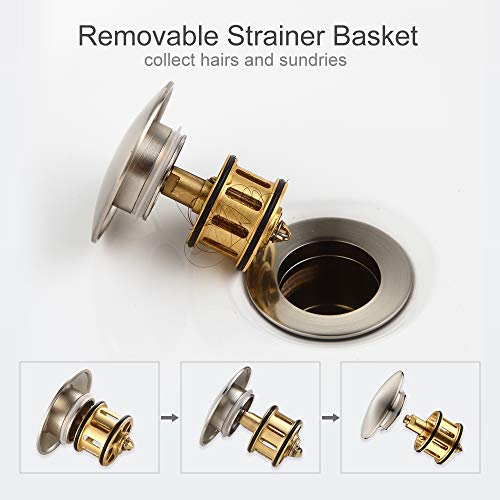 HOMELODY Vessel Sink Drain, 1 5/8" Bathroom Sink Drain with Removable Brass Strainer Basket, Anti-clogging Pop Up Drain Stopper Brushed Nickel without Overflow, HL8018ABN