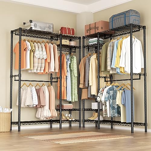 Heavy Duty Clothes Rack Clothing Rack for Hanging Clothes,Large Metal Garment Rack with 4 Tiers Adjustable Wire Shelves&3 Hanger Rods,Freestanding Closet Wardrobe System,MaxLoad 700lbs
