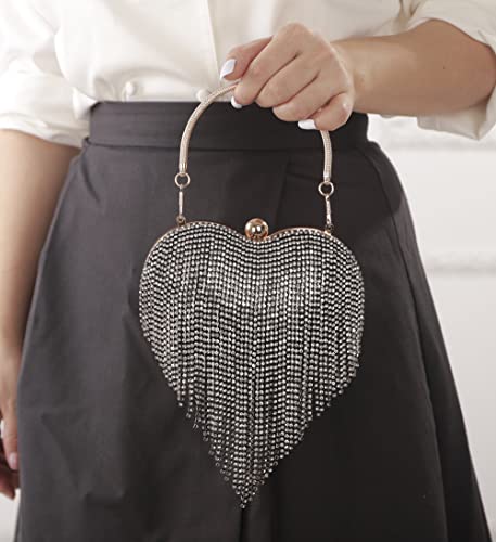 Sither Rhinestone Tassel Handbag Purses for Women Evening Handbag Purses Heart Shape Tassel Clutch Purses Sparkly Clutches Shoulder Chain Bags for Party Prom Christmas Gift (black)