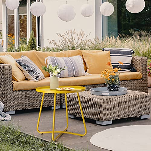 danpinera Outdoor Side Tables, Weather Resistant Steel Patio Side Table, Small Round Outdoor End Table Metal Side Table for Patio Yard Balcony Garden Bedside Yellow