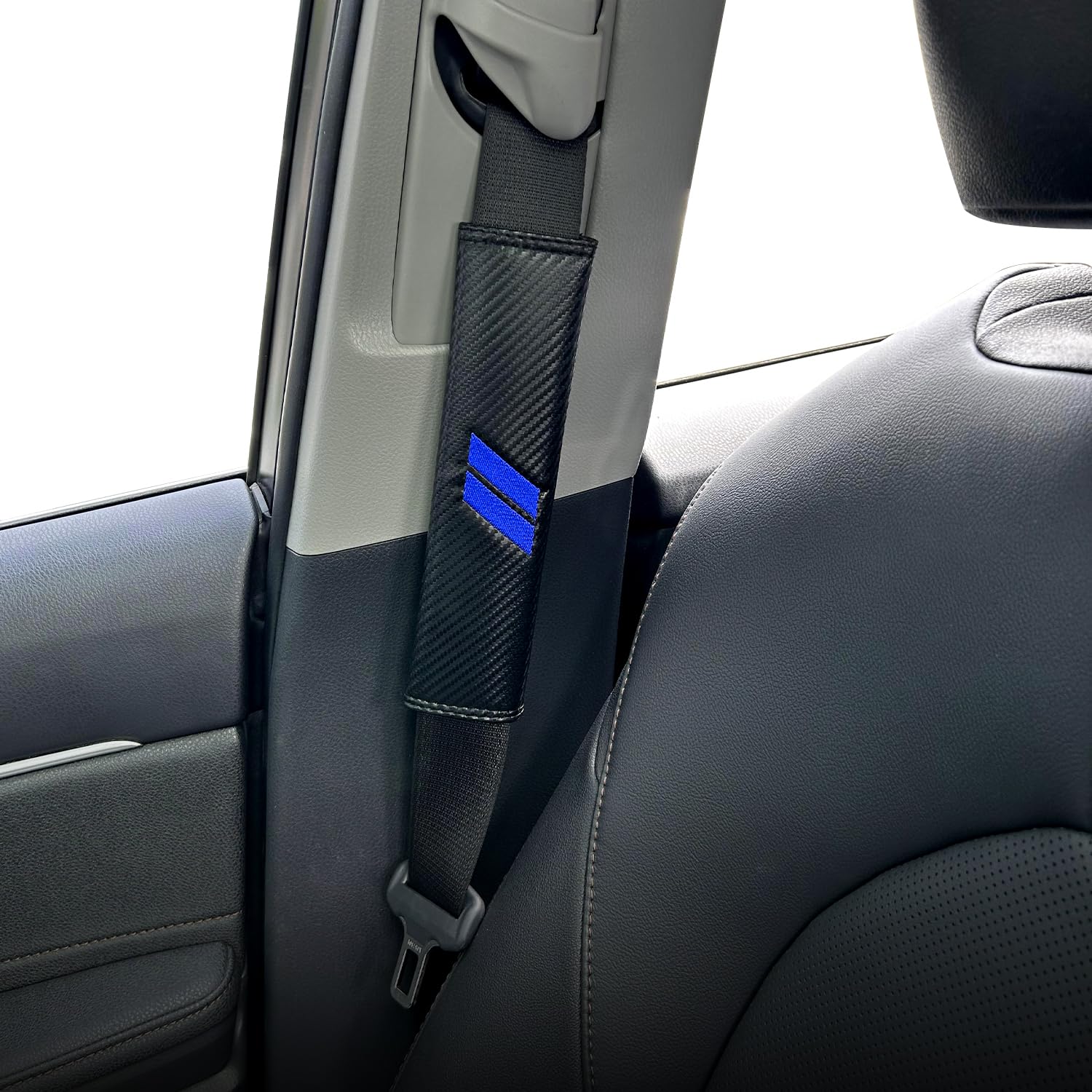 REMOCH for Challenger Seat Belt Covers for Charger Seat Belt Pads for Dodge Accessories Durango Journey Car Seatbelt Covers Leather Seatbelt Shoulder Strap Cushion (2 Pcs, Blue Stitches)
