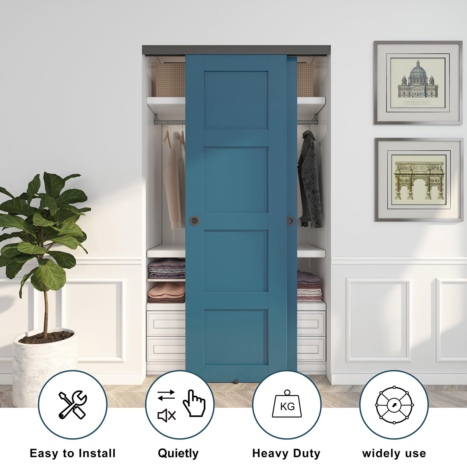 JUBEST 4FT Heavy Duty Bypass Door Hardware with Finger Pulls,Sturdy Aluminum Sliding Closet Door Track for 2 door System,Quietly and Smoothly,Fit Door Thickness 1 3/8" or 1 3/4",Easy to Install, Black
