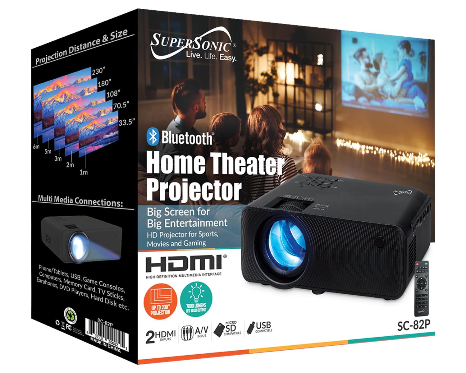 Supersonic SC-82P High Definition Home Theater Bluetooth Projector for Wireless connectivity to Bluetooth Soundbars and Speakers