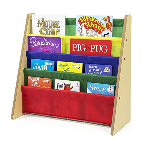 Humble Crew Kids Toy Storage Organizer, Dark Walnut/Neon Multi & Natural Wood/Primary Kids Book Rack Storage Bookshelf, 4 Tiers, Toddler