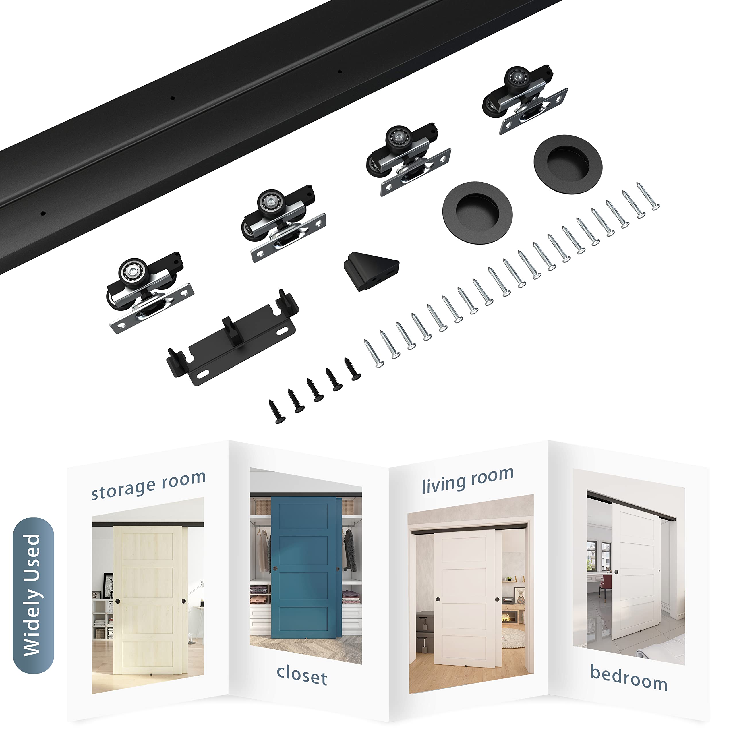 JUBEST 4FT Heavy Duty Bypass Door Hardware with Finger Pulls,Sturdy Aluminum Sliding Closet Door Track for 2 door System,Quietly and Smoothly,Fit Door Thickness 1 3/8" or 1 3/4",Easy to Install, Black