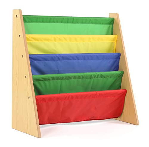 Humble Crew Kids Toy Storage Organizer, Dark Walnut/Neon Multi & Natural Wood/Primary Kids Book Rack Storage Bookshelf, 4 Tiers, Toddler