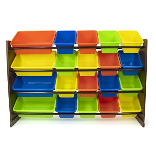 Humble Crew Kids Toy Storage Organizer, Dark Walnut/Neon Multi & Natural Wood/Primary Kids Book Rack Storage Bookshelf, 4 Tiers, Toddler