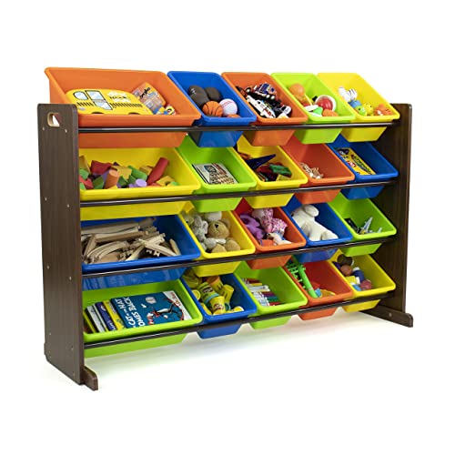 Humble Crew Kids Toy Storage Organizer, Dark Walnut/Neon Multi & Natural Wood/Primary Kids Book Rack Storage Bookshelf, 4 Tiers, Toddler