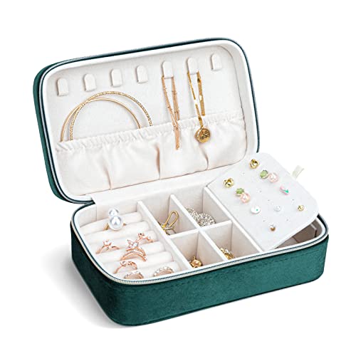 V-LAFUYLIFE Velvet Jewelry Box ,Small Travel Jewellery Box for Women,Portable Jewelry Case Organizer for Rings Bracelets Earrings Organizerļ¼Greenļ¼