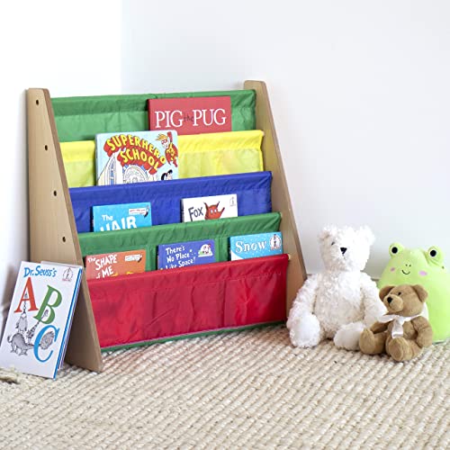 Humble Crew Kids Toy Storage Organizer, Dark Walnut/Neon Multi & Natural Wood/Primary Kids Book Rack Storage Bookshelf, 4 Tiers, Toddler