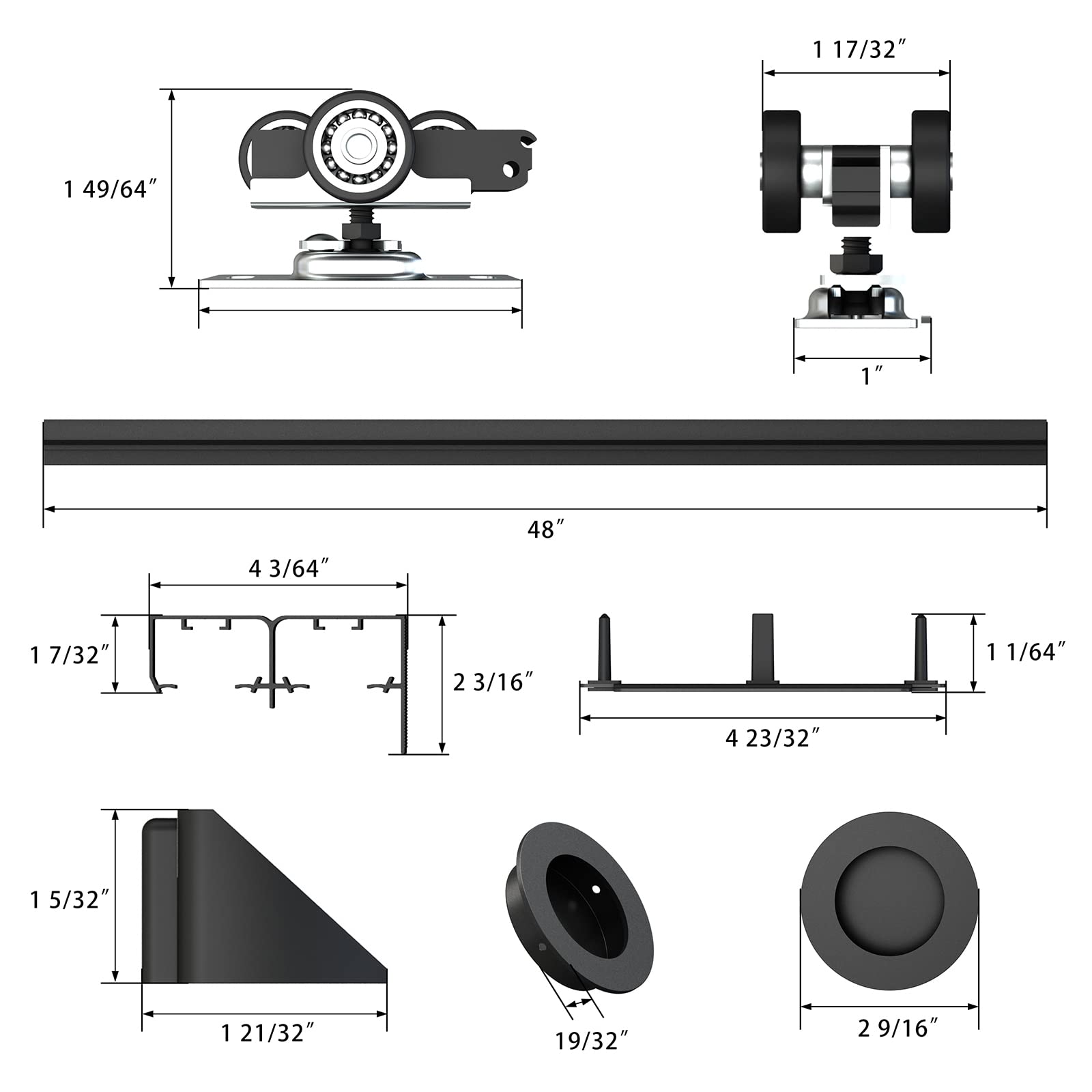 JUBEST 4FT Heavy Duty Bypass Door Hardware with Finger Pulls,Sturdy Aluminum Sliding Closet Door Track for 2 door System,Quietly and Smoothly,Fit Door Thickness 1 3/8" or 1 3/4",Easy to Install, Black