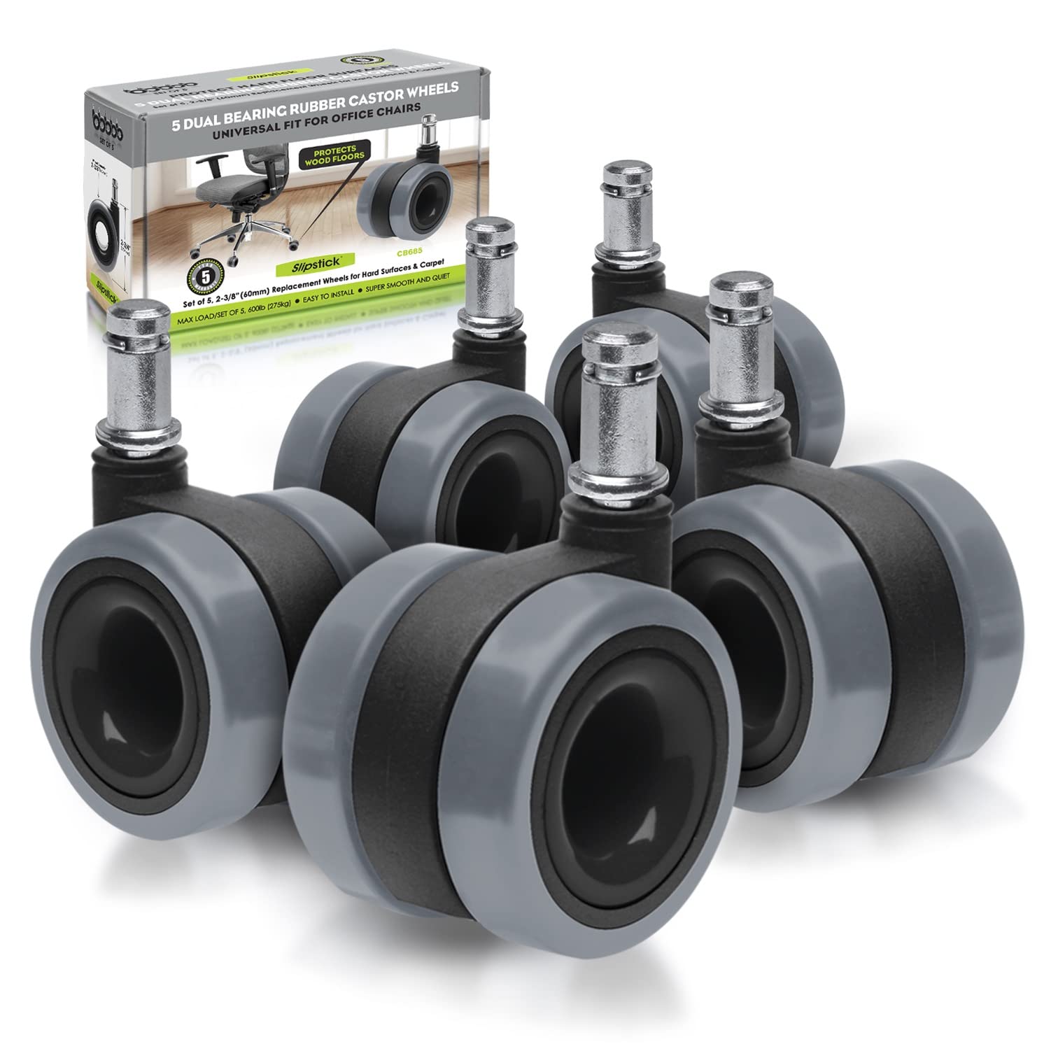 Slipstick CB685 Dual Bearing Rubber Office Chair Caster Wheels (Set of 5 Castors) Universal Fit Replacement Chair Casters for Hardwood Floors & Carpet, 2-3/8â Twin Rollers, 7/16 Inch Stem