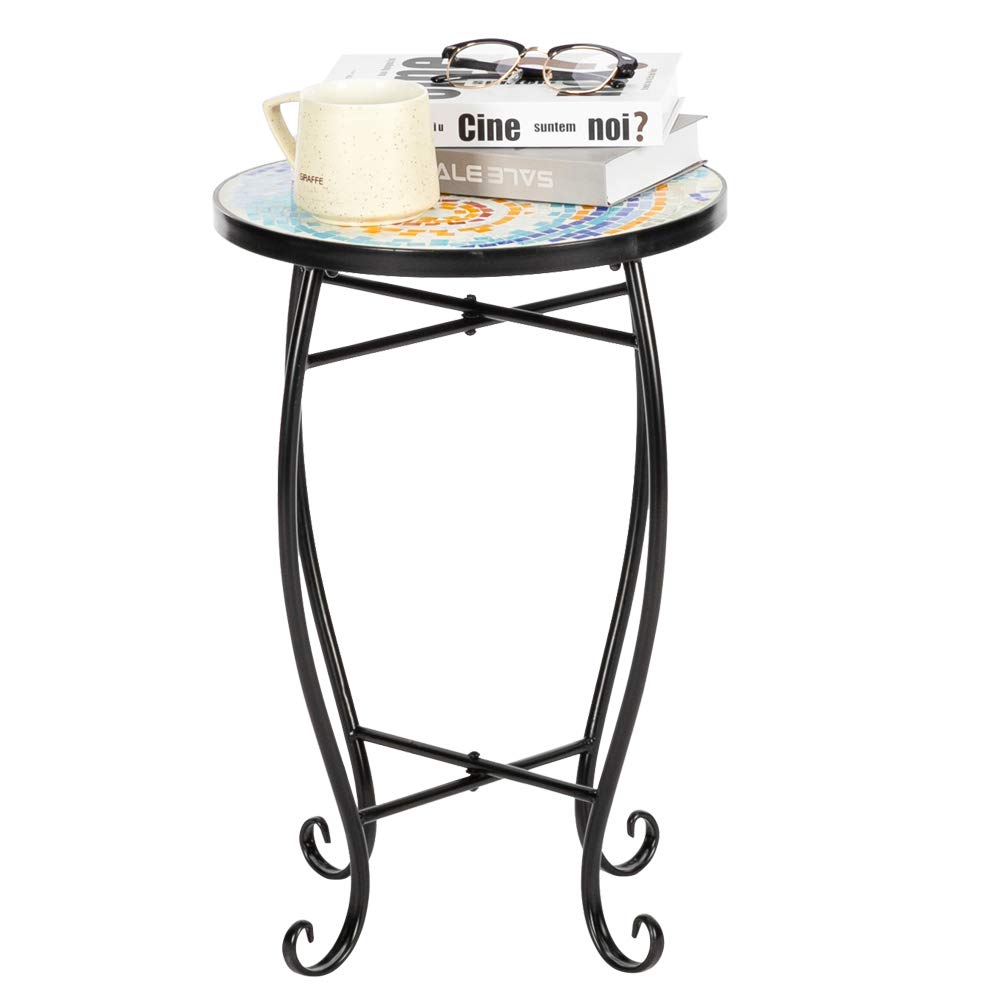 Shyneer Mosaic Outdoor Side Table, 14inch Round Small Patio Accent Table Ottoman Mosaic Bistro Table Indoor End Table for Yard, Garden, Living Room, Bistro Balcony or Lawn (Sun, 14'')