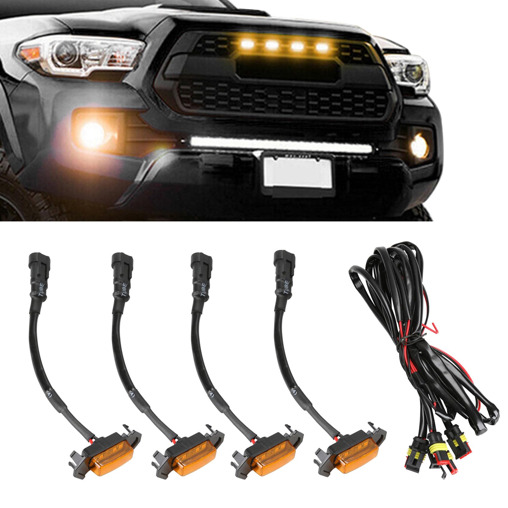 CHRYMUM 4PCS LED Grill Lights, LED Amber Grill Light, Front Grille Bumper Raptor Lamps Car Accessories with Harness, Compatible with 2016-2019 Toyota Tacoma TRD PRO Front Grill