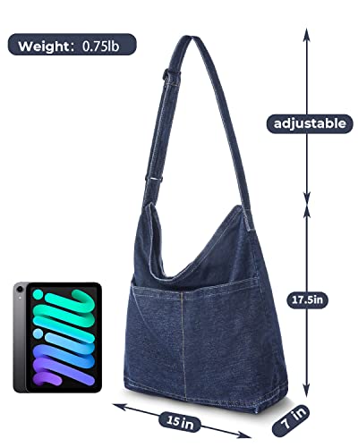 Denim Shoulder Bag for Women Hobo Tote Bag, Canvas Messenger Bag Large Crossbody Handbag, Jean Bag for Travel Work School