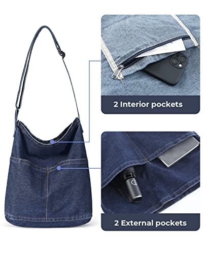 Denim Shoulder Bag for Women Hobo Tote Bag, Canvas Messenger Bag Large Crossbody Handbag, Jean Bag for Travel Work School