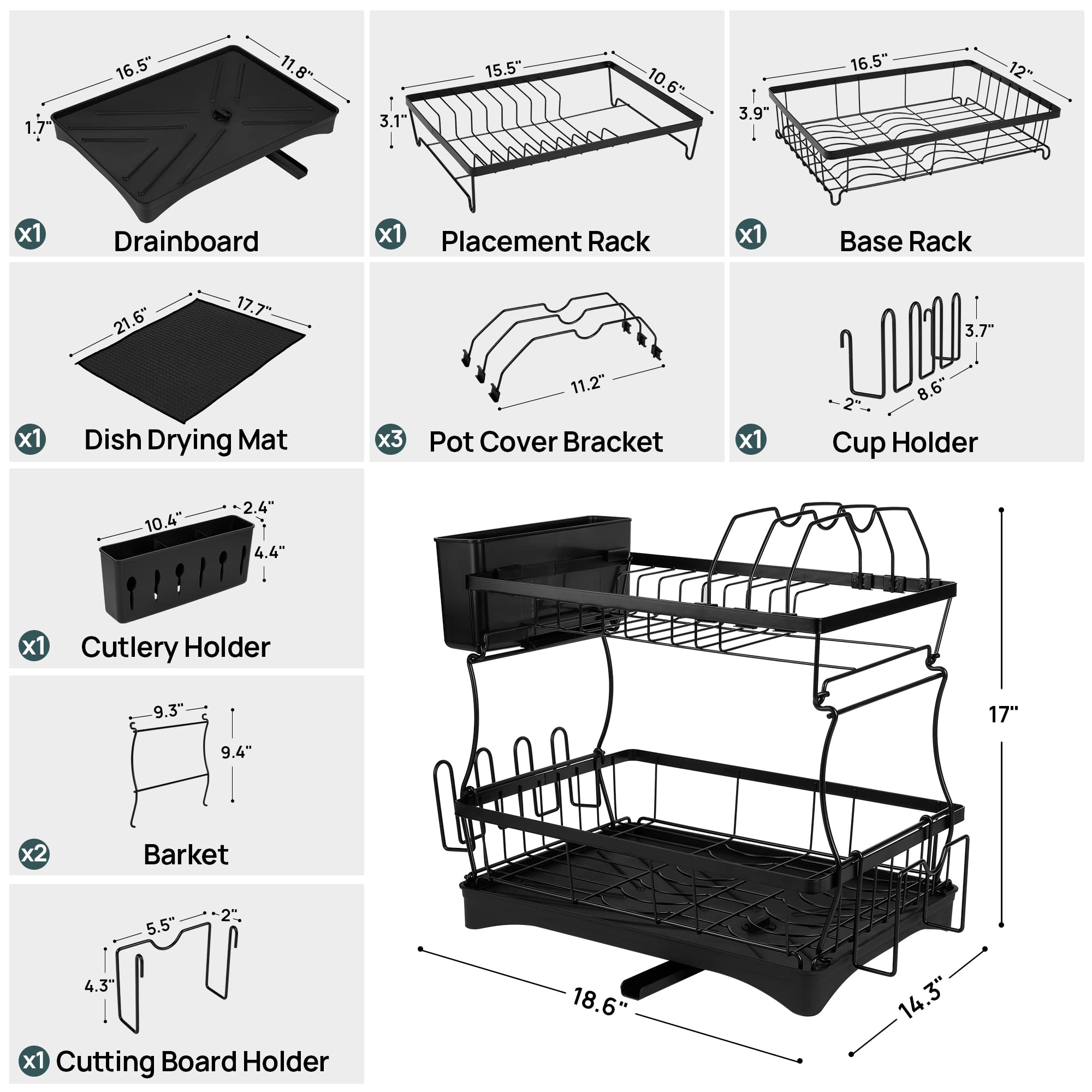 YIHONG Kitchen Large Dish Drying Rack with Drainboard, 2 Tier Dish Racks for Kitchen Counter, Dish Drainer Set with Utensils Holder, Dish Strainers with Extra Drying Mat for Pots and Pans