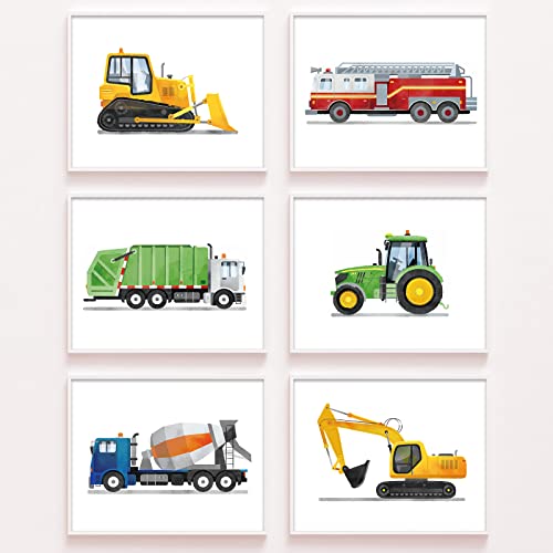 6 Pcs Watercolor Trucks Wall Art Boys Room Decor Nursery Decor Cute Cartoon Construction Car Truck Art Prints Posters Paintings for Boys Kids Room Bedroom Bathroom Playroom Classroom, 8x10", Unframed