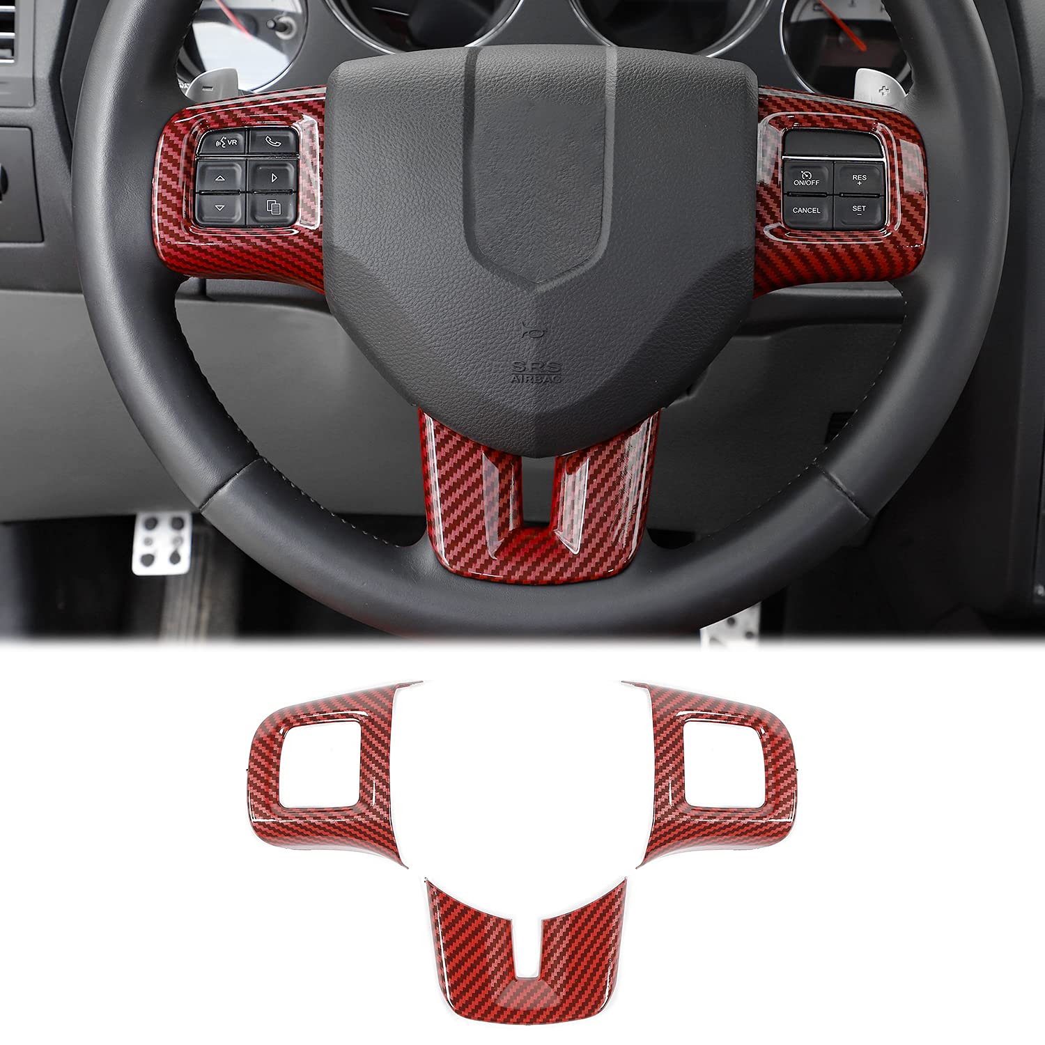 Linskip Steering Wheel Trim Compatible with Dodge Journey 2013-2022 & Charger/Challenger/Durango/Dart 2009-2014, Steering Wheel Cover for Journey Interior Accessories 3Pcs(Red Carbon Fiber)