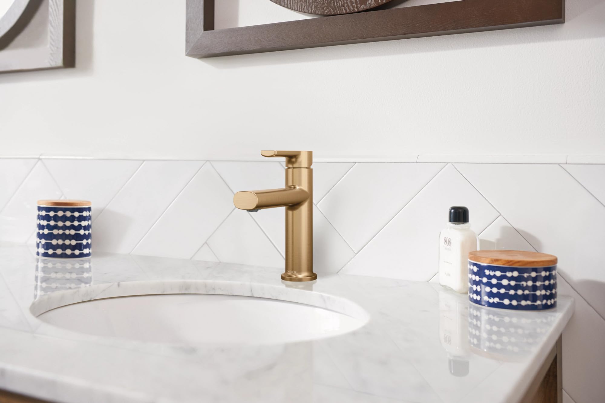Moen Meena Bronzed Gold One-Handle Single Hole Modern Bathroom Sink Faucet with Optional Deckplate and Drain Assembly, 84794BZG