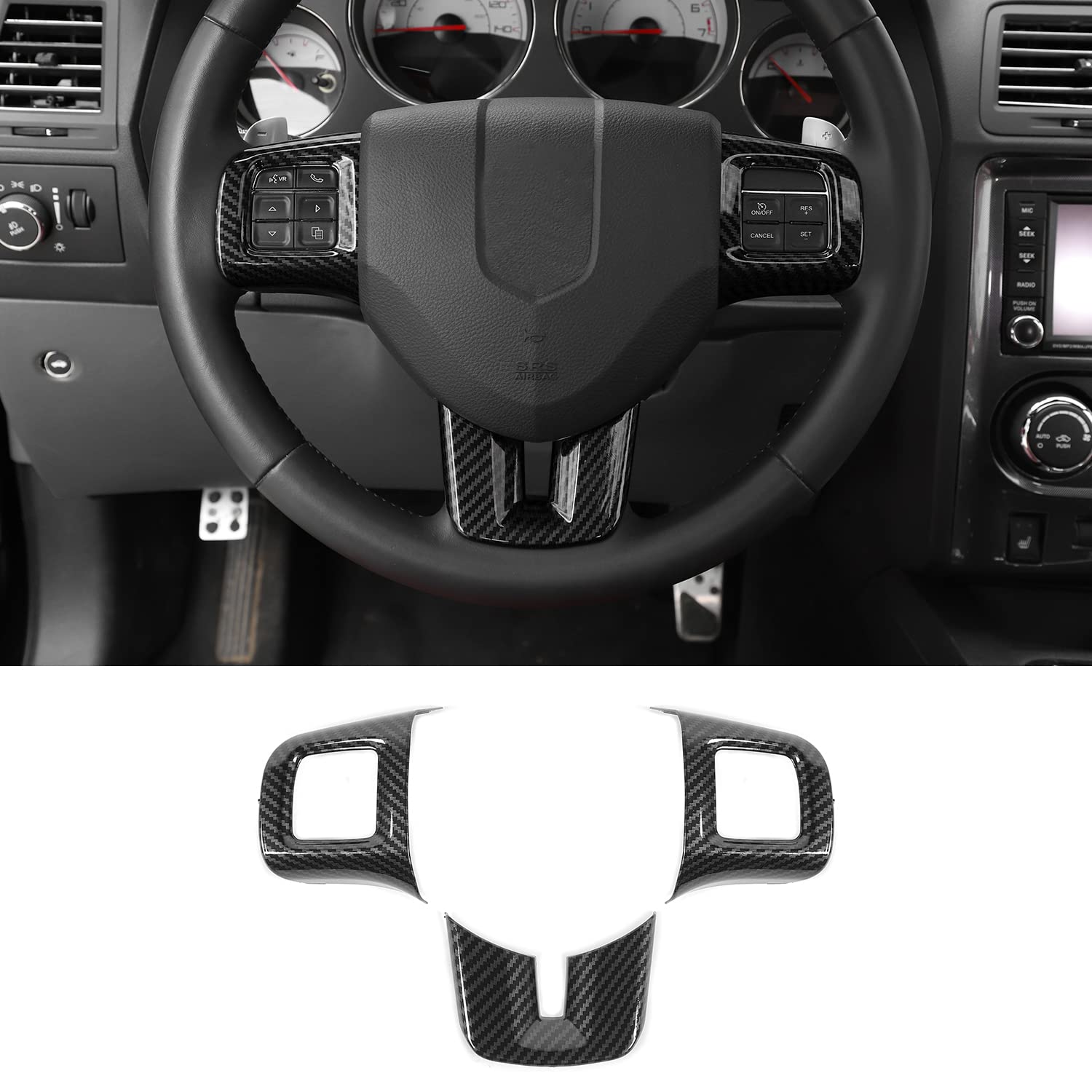 RAZPOY Steering Wheel Trim, Steering Wheel Cover Interior Decoration Accessories Compatible with 2009-2014 Dodge Challenger/Charger/War Horse/Durango//Dart/Journey Coolway 2013-2022 (Carbon Fiber)