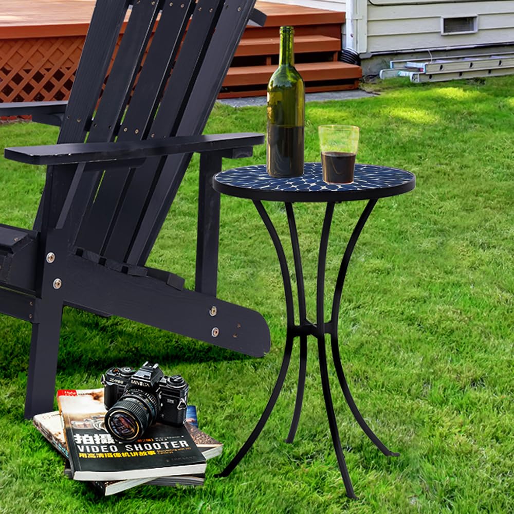 Hotity Outdoor Mosaic Side Table, 14 Inch Round Concrete Tile Top, Patio End Table for Bistro Coffee Table
