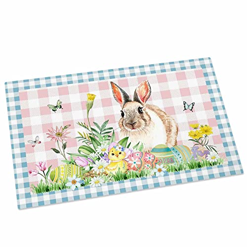 Welcome Doormat Easter Bunny Spring Green Leaf Floral Egg Basket Pink Blue Plaid,Non Slip Indoor Floor Mat Bath Rug,Rabbit Chick Flower Entrance Carpet Bedroom Kitchen Living Room Bathroom 16x24In