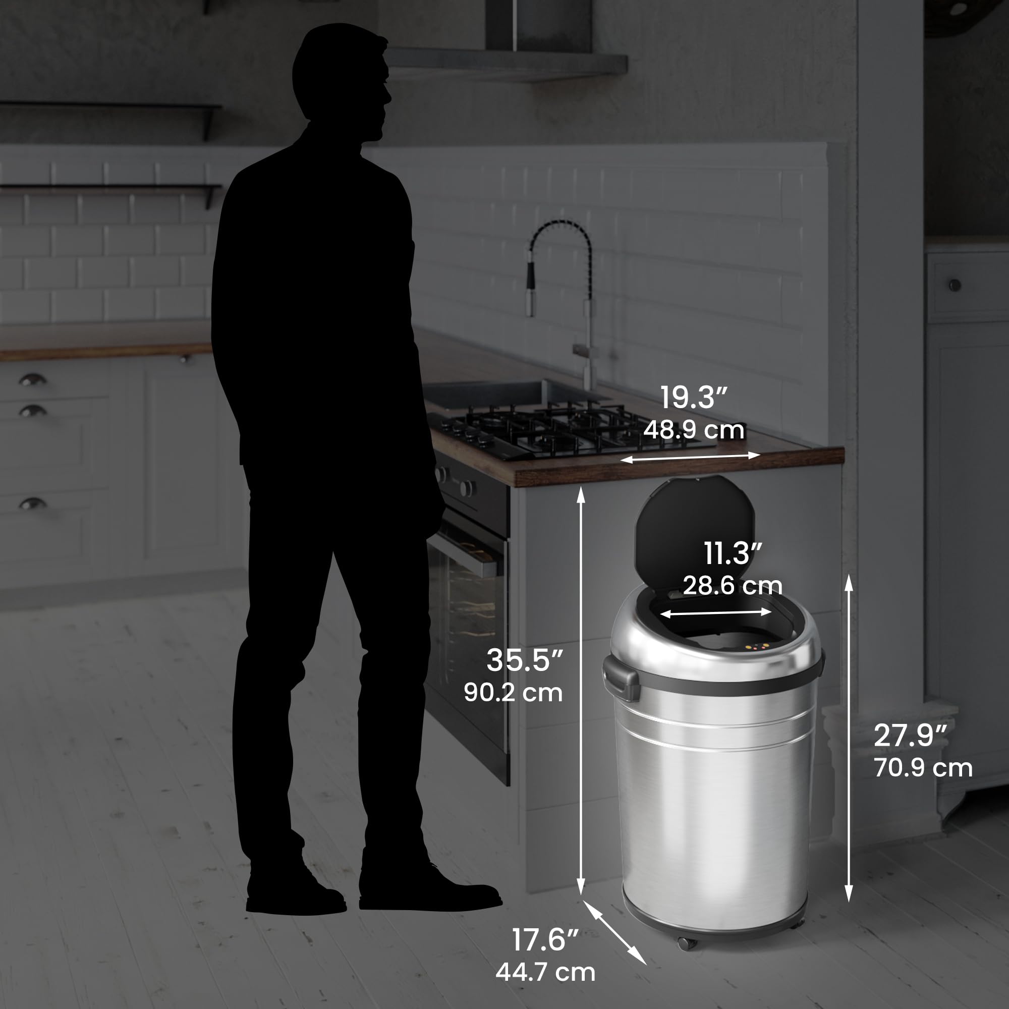 iTouchless Glide 18 Gallon Sensor Trash Can with Wheels and AbsorbX Odor Control System, Stainless Steel, 68 Liter Automatic Kitchen or Office Garbage Bin