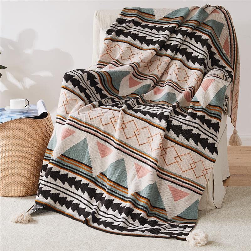 DCHK Throw Blanket, Boho Knitted Tassel Vintage Throw Blankets, Soft Lightweight Farmhouse Decorative Super Soft Cozy Lightweight Bohemian Throw Blanket Couch Decorative for Bed Sofa All Seasons