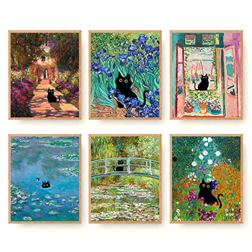 Funny Black Cat Wall Art Prints Set of 6 Canvas Artwork Cat Lover Posters Gift Cute Room Aesthetic Vintage Floral Matisse Monet Van Gogh for Living Room Bathroom Bedroom Decor (8"x10" UNFRAMED)