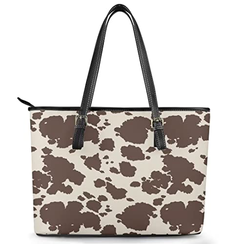 Poetesant Brown Cow Print Handbag for Women Cow Print Tote Bags Color Block Top-Handle Large Purses Casual Leather Shoulder Bags for Business