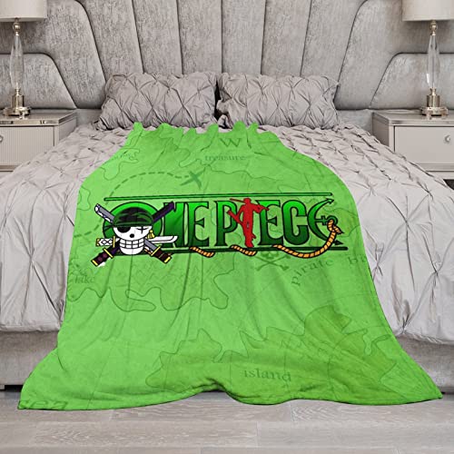 One Piece Anime Pirate Flag Zoro Flannel Throw Blanket 50x60in Japanese Anime Throw Blanket Pirate Flag Soft Blanket for Sofa Bed Couch Office Green Blanekt