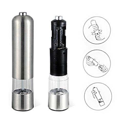 Electric Salt and Pepper Grinder Set Automatic Battery Operated Stainless Steel Spice Mills One Handed Push Button Peppercorn Grinders and Mills