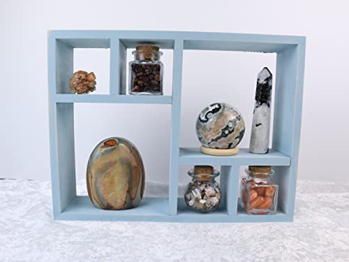Mini Crystal Display Shelf by Shelf & Stone, Rustic Wall-Mounted Floating Shelf for Farmhouse Décor. Great Nightstand/Apothecary Shelf for Fossils, Reiki Crystals, Countertop Organizer (Patina Green)
