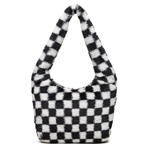 Fashion Soft Faux Fur Shoulder Bag Purse for Women Retro Checkered Fluffy Hobo Handbag Zipper Closure (White Black)