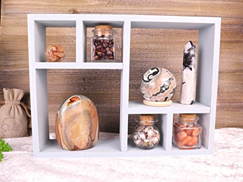 Mini Crystal Display Shelf by Shelf & Stone, Rustic Wall-Mounted Floating Shelf for Farmhouse Décor. Great Nightstand/Apothecary Shelf for Fossils, Reiki Crystals, Countertop Organizer (Patina Green)