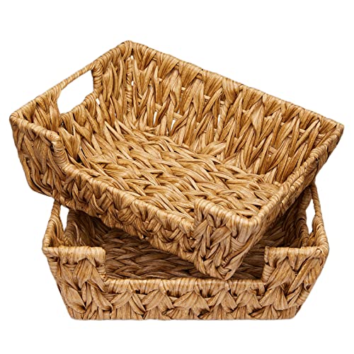 JMKaixin Wicker Storage Baskets, Water Hyacinth Storage Basket with Built-in Handles,2-Pack Hand Woven Baskets with Carry Handles for Storage 13.75" x 11" x 5"