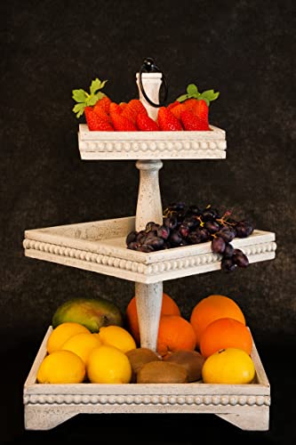 KEFO Three Tiered Beaded Tray Decor Stand - 12 x 18 Inch Large White Wooden 3 Tiered Tray Stand - Decorative Rustic Distressed 3 Tier Tray Decor Table Centerpiece - Tiered Serving Tray for Home Decor