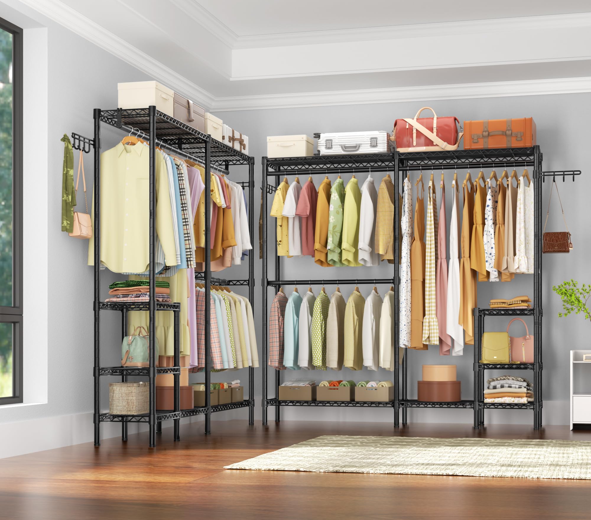 Heavy Duty Clothes Rack Clothing Rack for Hanging Clothes,Large Metal Garment Rack with 4 Tiers Adjustable Wire Shelves&3 Hanger Rods&2 Hooks,Freestanding Closet Wardrobe System,MaxLoad 800lbs