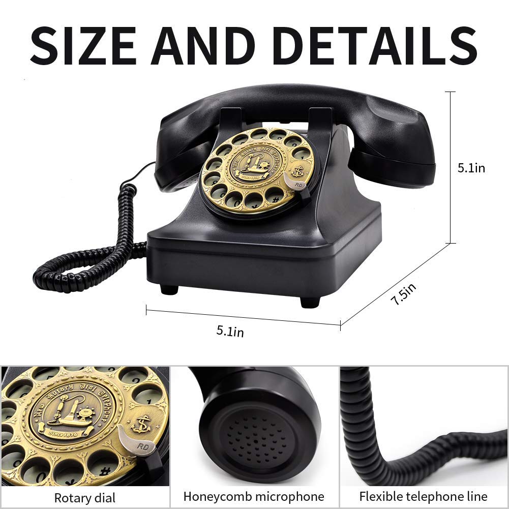 IRISVO Rotary Dial Telephone Retro Old Fashioned Landline Phones with Classic Metal Bell,Corded Phone with Speaker and Redial Function for Home and Decor(Classic Black)
